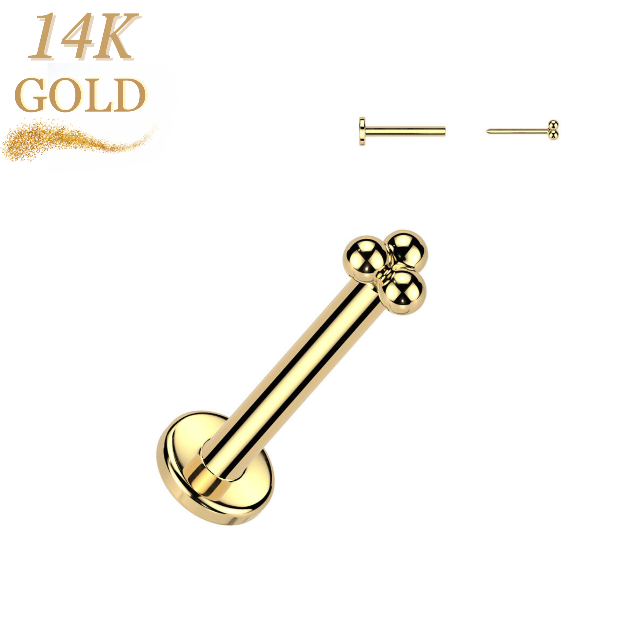14K Gold Threadless Labret Combo for Nostril with Micro Triangular 3 B ...