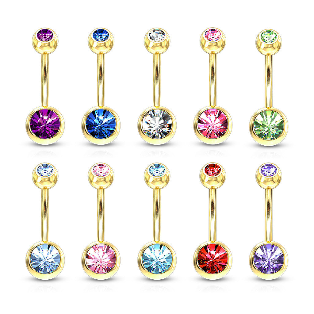 Gold Plated over Surgical Steel Double Jewel Belly Ring External Threa ...